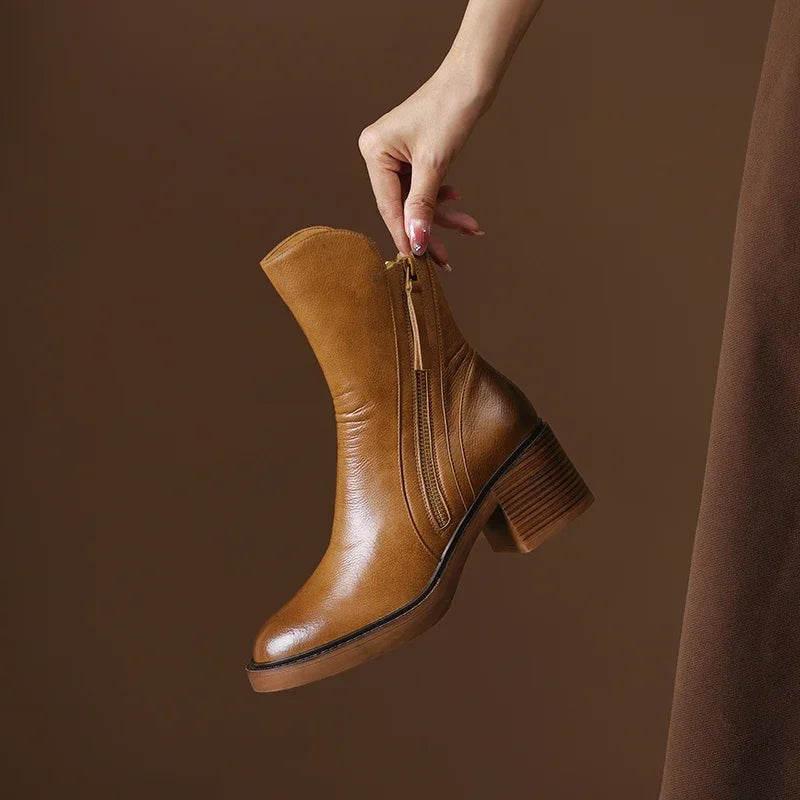 Marlena Leather Block Heel Boots for Women – Zip Ankle Leather Chelsea ...